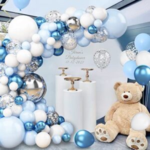 Blue and Silver balloon Arch Kit, Blue Balloon Garland Kit, Metallic Blue White and Silver Confetti Latex Balloons for Boy Girl Party Birthday Baby Shower Wedding Graduation Anniversary Decorations