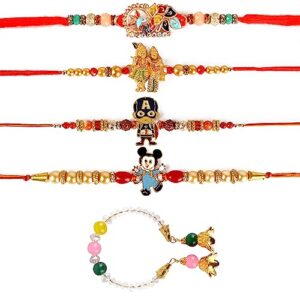 satvik set of 5 rakhi family combo 2 bhaiya +1 bhabhi lumba + 2 rakhi for brother bhaiya bhabhi traditional handmade assorted designer rakhi set roli chawal, greeting card & sita-ram sticker