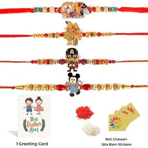 SATVIK Set of 5 Rakhi Family Combo 2 Bhaiya +1 Bhabhi Lumba + 2 rakhi for Brother Bhaiya Bhabhi Traditional Handmade Assorted Designer Rakhi Set Roli Chawal, Greeting Card & Sita-Ram Sticker