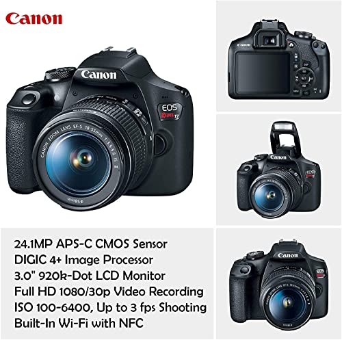 Canon EOS Rebel T7 DSLR Camera with 18-55mm is II Lens Bundle + Canon EF 75-300mm f/4-5.6 III Lens + 420-800mm HD SuperZoom Lens + 128GB Memory + Filters + Flash + Monopod + Professional Bundle Black