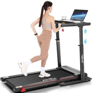 treadmill with desk workstation & adjustable height, 300 lbs weight capacity, folding treadmill with incline, bluetooth speaker & app, portable walking pad treadmill with desktop for home office