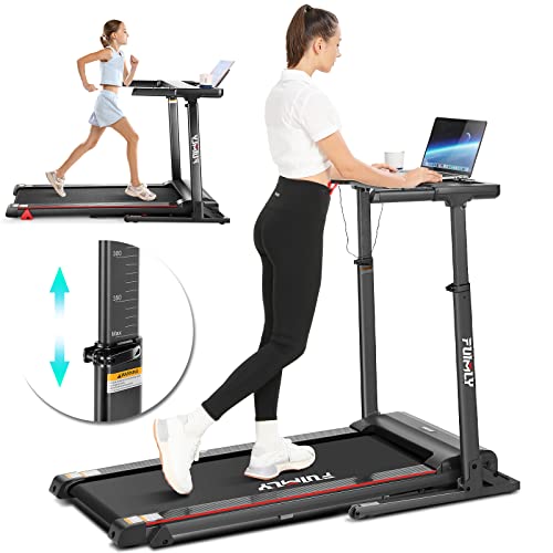 Treadmill with Desk Workstation & Adjustable Height, 300 LBS Weight Capacity, Folding Treadmill with Incline, Bluetooth Speaker & App, Portable Walking Pad Treadmill with Desktop for Home Office