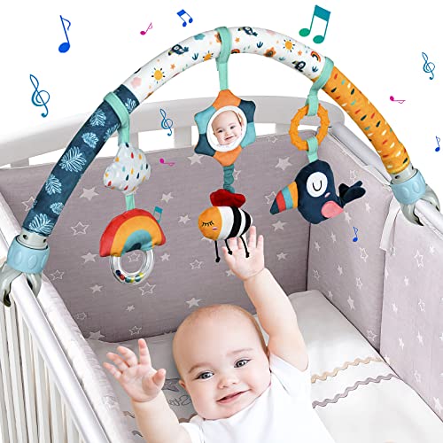 Baby Stroller Arch Toys, Mobile for Bassinet Crib, Detachable Activity Musical Animal Arch Toys with Rattles BB Squeaker Teether (Sky)