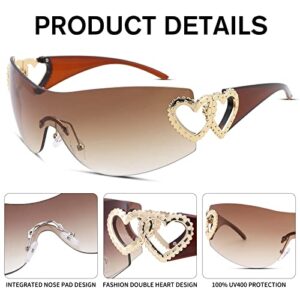 COASION Wrap Around Y2K Rimless Sunglasses for Women Men Oversized Trendy 2000S Sun Glasses Visor Shield Shades (Tea/Gradient Brown)