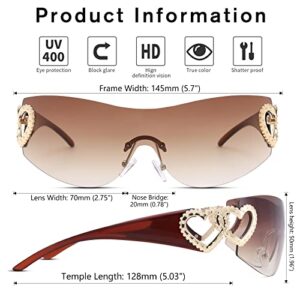 COASION Wrap Around Y2K Rimless Sunglasses for Women Men Oversized Trendy 2000S Sun Glasses Visor Shield Shades (Tea/Gradient Brown)