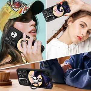 Joyleop (2in1 for Samsung Galaxy A03S Case Cartoon Cute Moon CP for Girls Pretty Women Teen Kids Girly Phone Covers Black Pattern Design with Slide Camera Cover+Ring Holder for Galaxy A03S 6.5”