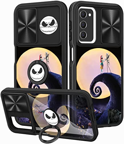 Joyleop (2in1 for Samsung Galaxy A03S Case Cartoon Cute Moon CP for Girls Pretty Women Teen Kids Girly Phone Covers Black Pattern Design with Slide Camera Cover+Ring Holder for Galaxy A03S 6.5”