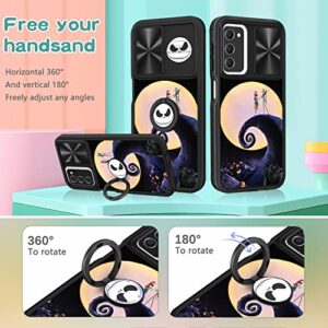 Joyleop (2in1 for Samsung Galaxy A03S Case Cartoon Cute Moon CP for Girls Pretty Women Teen Kids Girly Phone Covers Black Pattern Design with Slide Camera Cover+Ring Holder for Galaxy A03S 6.5”