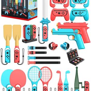 𝙎𝙬𝙞𝙩𝙘𝙝 𝙎𝙥𝙤𝙧𝙩𝙨 𝘼𝙘𝙘𝙚𝙨𝙨𝙤𝙧𝙞𝙚𝙨 𝘽𝙪𝙣𝙙𝙡𝙚 - HOZKAII 22 in 1 Family Accessories Kit Pack for Nintendo Switch/OLED Sports Games with Charging Dock, Game Guns, Tennis Rackets, Golf Clubs, Wrist Bands & Leg Strap