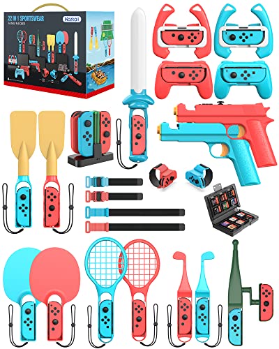 𝙎𝙬𝙞𝙩𝙘𝙝 𝙎𝙥𝙤𝙧𝙩𝙨 𝘼𝙘𝙘𝙚𝙨𝙨𝙤𝙧𝙞𝙚𝙨 𝘽𝙪𝙣𝙙𝙡𝙚 - HOZKAII 22 in 1 Family Accessories Kit Pack for Nintendo Switch/OLED Sports Games with Charging Dock, Game Guns, Tennis Rackets, Golf Clubs, Wrist Bands & Leg Strap