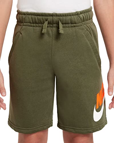 Nike Sportswear Club + HBR Fleece Shorts (Big Kids) (Medium, Medium Olive/Total Orange/White)