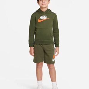 Nike Sportswear Club + HBR Fleece Shorts (Big Kids) (Medium, Medium Olive/Total Orange/White)