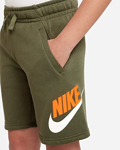 Nike Sportswear Club + HBR Fleece Shorts (Big Kids) (Medium, Medium Olive/Total Orange/White)