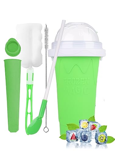 Slushy Maker Cup - TikTok Frozen Magic Quick Smoothie Cup- With Free Popsicle Mold , Sponge & Cleaning brushes , Bottle with 2 in 1 Straw - Squeeze Icy Frozen Slushie Cup - Cooling Slushie for Smoothies -Green