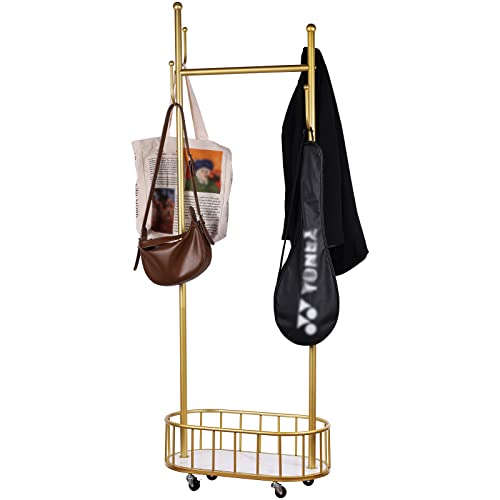 Gold Metal Garment Rack with Lockable Wheels and Bottom Storage Basket, Ideal for Home and Commercial Use in Hallway, Bedroom, Living Room, Balcony, Office, and Shop (Gold)