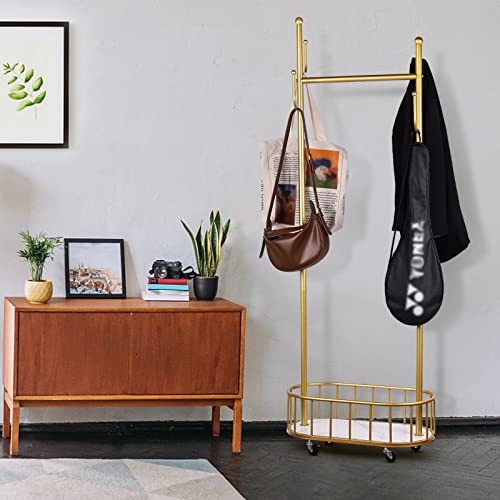 Gold Metal Garment Rack with Lockable Wheels and Bottom Storage Basket, Ideal for Home and Commercial Use in Hallway, Bedroom, Living Room, Balcony, Office, and Shop (Gold)