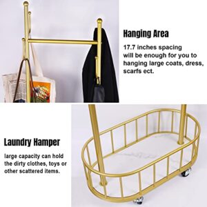 Gold Metal Garment Rack with Lockable Wheels and Bottom Storage Basket, Ideal for Home and Commercial Use in Hallway, Bedroom, Living Room, Balcony, Office, and Shop (Gold)