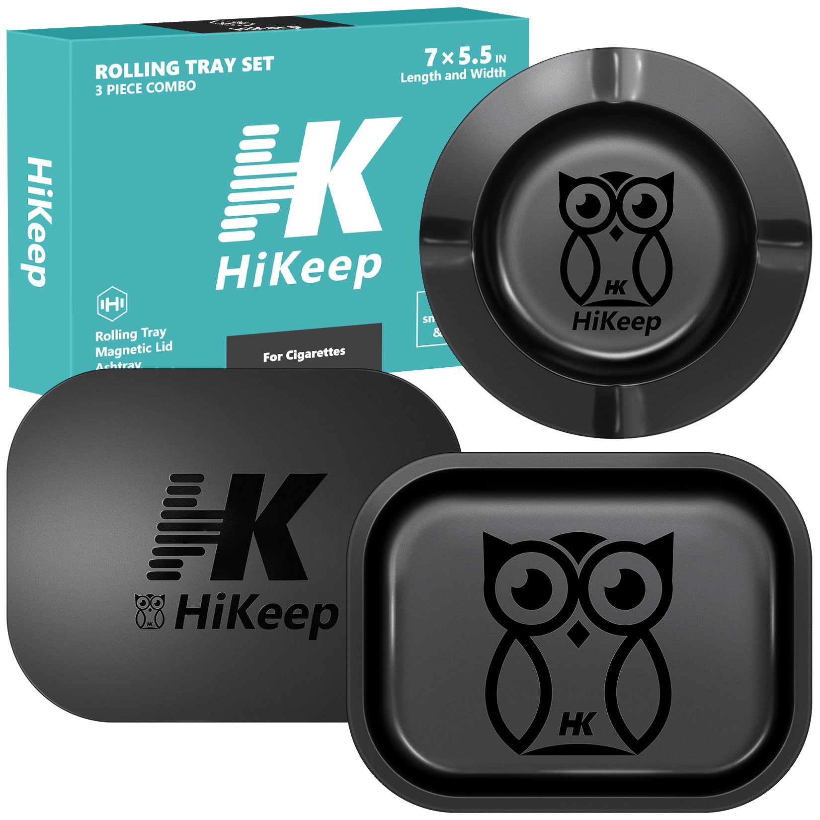 HiKeep Rolling Tray Set of 3, Matte Metal Rolling Tray with PVC Soft Magnetic Lid - 7 x 5.5, Ashtray - 5.8" (Owl Design)