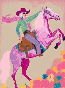 rhinestone cowgirl 1000-piece jigsaw puzzle by cross & glory - featuring a bold cowgirl on a colorful pink horse - fun for adults - display as artwork idea!