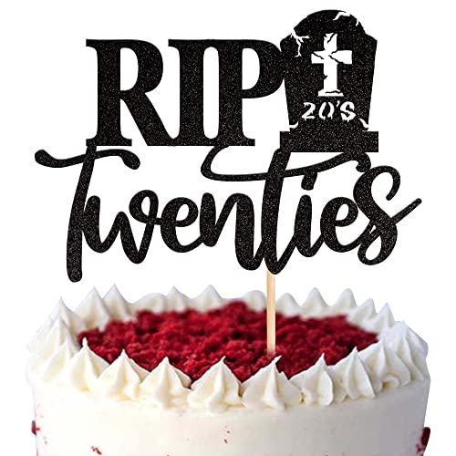 1 PCS Rip Twenties Cake Topper Black Glitter Death to My Twenties Cake Pick Rip to My 20s Cake Decorations for Rip 20s Funeral Happy Youth 30th Birthday Party Supplies