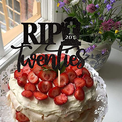 1 PCS Rip Twenties Cake Topper Black Glitter Death to My Twenties Cake Pick Rip to My 20s Cake Decorations for Rip 20s Funeral Happy Youth 30th Birthday Party Supplies