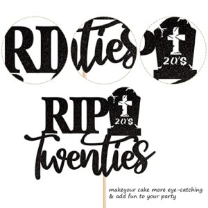 1 PCS Rip Twenties Cake Topper Black Glitter Death to My Twenties Cake Pick Rip to My 20s Cake Decorations for Rip 20s Funeral Happy Youth 30th Birthday Party Supplies