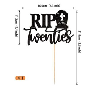 1 PCS Rip Twenties Cake Topper Black Glitter Death to My Twenties Cake Pick Rip to My 20s Cake Decorations for Rip 20s Funeral Happy Youth 30th Birthday Party Supplies