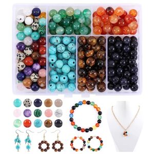 235 pcs natural round stone beads for jewelry making kit mixed genuine gemstone beads smooth loose beads bulk beading for diy bracelet necklace earrings, turquoise, agate, tiger eye, aventurine(8 mm)