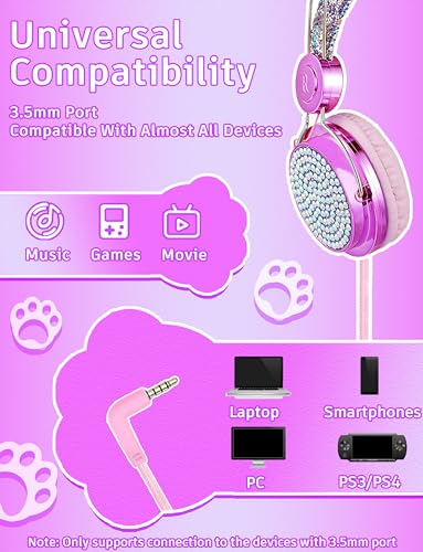 charlxee Kids Pom Headphones with Mic for Travel/Car/Plane,Added 85DB Limit Function&Shareport,Unicorns Gifts for Girls,On/Over Ear HD Stereo Wired Headsets with Nylon Cable-Hot-Purple