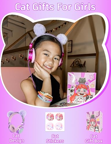 charlxee Kids Pom Headphones with Mic for Travel/Car/Plane,Added 85DB Limit Function&Shareport,Unicorns Gifts for Girls,On/Over Ear HD Stereo Wired Headsets with Nylon Cable-Hot-Purple