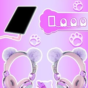 charlxee Kids Pom Headphones with Mic for Travel/Car/Plane,Added 85DB Limit Function&Shareport,Unicorns Gifts for Girls,On/Over Ear HD Stereo Wired Headsets with Nylon Cable-Hot-Purple