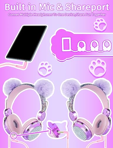 charlxee Kids Pom Headphones with Mic for Travel/Car/Plane,Added 85DB Limit Function&Shareport,Unicorns Gifts for Girls,On/Over Ear HD Stereo Wired Headsets with Nylon Cable-Hot-Purple