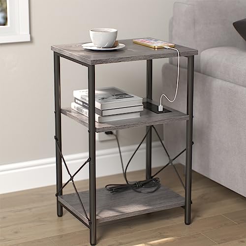 Yusong Small Side Table with Charging Station, Slim End Table for Narrow Space in Living Room,3 Tier Skinny Nightstand Bedside Table with USB Ports & Outlets for Bedroom, Grey