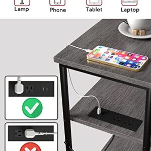 Yusong Small Side Table with Charging Station, Slim End Table for Narrow Space in Living Room,3 Tier Skinny Nightstand Bedside Table with USB Ports & Outlets for Bedroom, Grey