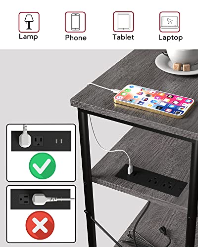 Yusong Small Side Table with Charging Station, Slim End Table for Narrow Space in Living Room,3 Tier Skinny Nightstand Bedside Table with USB Ports & Outlets for Bedroom, Grey