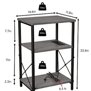 Yusong Small Side Table with Charging Station, Slim End Table for Narrow Space in Living Room,3 Tier Skinny Nightstand Bedside Table with USB Ports & Outlets for Bedroom, Grey