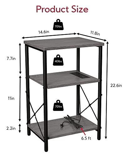 Yusong Small Side Table with Charging Station, Slim End Table for Narrow Space in Living Room,3 Tier Skinny Nightstand Bedside Table with USB Ports & Outlets for Bedroom, Grey