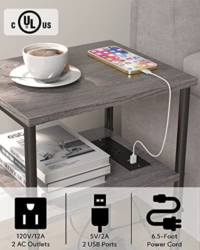 Yusong Small Side Table with Charging Station, Slim End Table for Narrow Space in Living Room,3 Tier Skinny Nightstand Bedside Table with USB Ports & Outlets for Bedroom, Grey