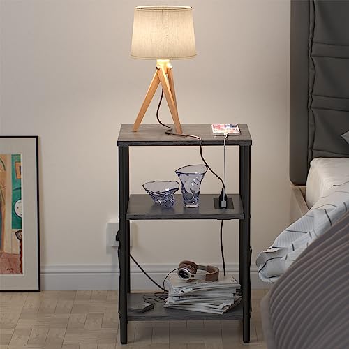 Yusong Small Side Table with Charging Station, Slim End Table for Narrow Space in Living Room,3 Tier Skinny Nightstand Bedside Table with USB Ports & Outlets for Bedroom, Grey