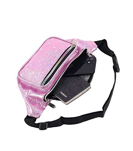 Holographic 80s 90S Rave Pink Stars Fanny Pack for festival women, Girl Cute Fashion Waist Bag Belt Bags-Pink Stars