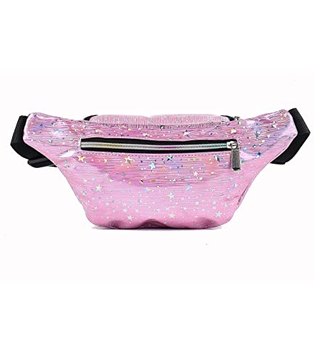 Holographic 80s 90S Rave Pink Stars Fanny Pack for festival women, Girl Cute Fashion Waist Bag Belt Bags-Pink Stars