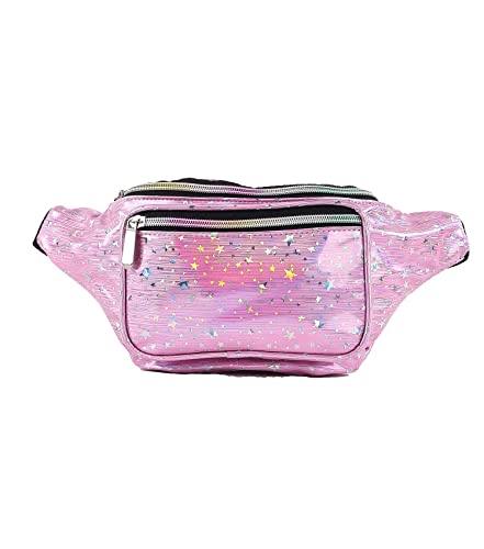 Holographic 80s 90S Rave Pink Stars Fanny Pack for festival women, Girl Cute Fashion Waist Bag Belt Bags-Pink Stars