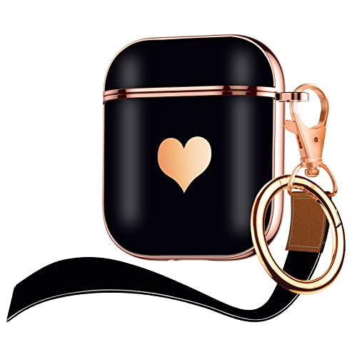 Maxjoy Compatible with Airpods Case,for Airpods 2nd Generation Case Cute Electroplating with Gold Heart Pattern with Lanyard Shockproof Cover for Girls Woman Airpods 2 &1-Black