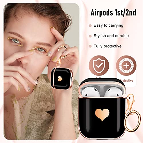 Maxjoy Compatible with Airpods Case,for Airpods 2nd Generation Case Cute Electroplating with Gold Heart Pattern with Lanyard Shockproof Cover for Girls Woman Airpods 2 &1-Black