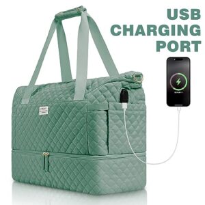 ETRONIK Travel Bag for Women, Gym Duffel Bag with USB Charging Port, Weekender Overnight Bag with Wet Pocket and Shoes Compartment for Women Travel Gym Daily Use (Green)