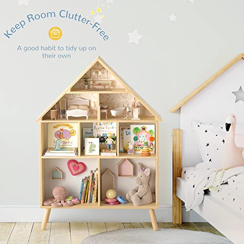 Curipeer Kids Bookshelf and Toy Storage, Wooden Stand Dollhouse Bookshelf, 4-Tier Baby Bookcase Display Organizer with Legs, Children Bookshelf for Nursery, Playing Room, Natural Wood Color