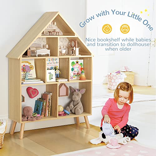 Curipeer Kids Bookshelf and Toy Storage, Wooden Stand Dollhouse Bookshelf, 4-Tier Baby Bookcase Display Organizer with Legs, Children Bookshelf for Nursery, Playing Room, Natural Wood Color