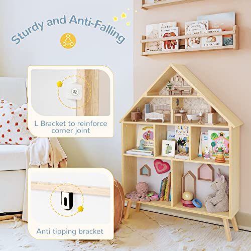 Curipeer Kids Bookshelf and Toy Storage, Wooden Stand Dollhouse Bookshelf, 4-Tier Baby Bookcase Display Organizer with Legs, Children Bookshelf for Nursery, Playing Room, Natural Wood Color