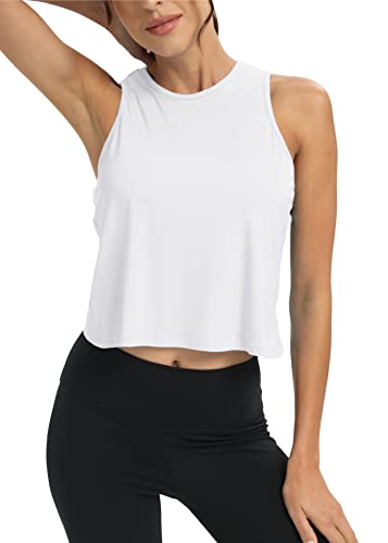 Mippo Workout Tank Tops for Women Athletic Gym Yoga Crop Tops Sleeveless Workout Shirts Racer Back Tank Pilates Clothes for Women Loose Fit White L