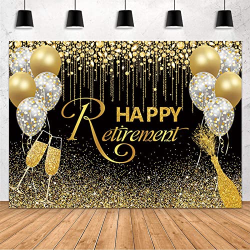 MEHOFOND Happy Retirement Backdrop Black and Gold Glitter Diamond Balloon Photography Background Black Gold Shinning Sparkle Congrats Retirement Party Decorations Banner Photo Studio Props 7x5ft